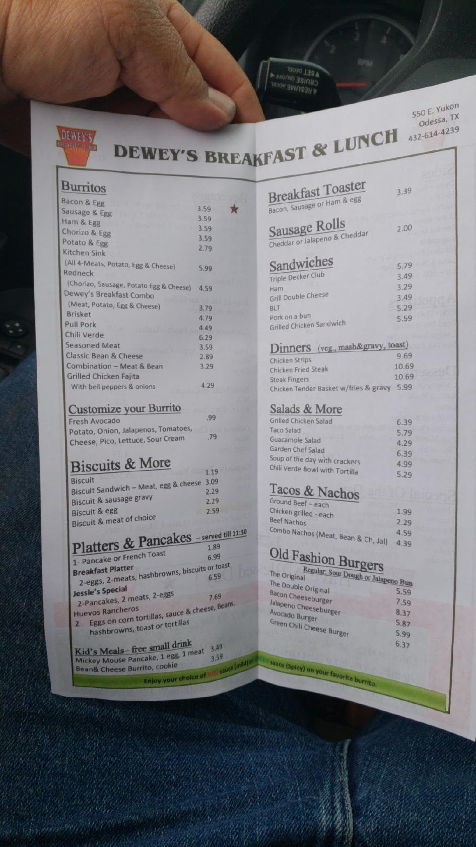 Menu at Dewey's Breakfast Shop restaurant, Odessa