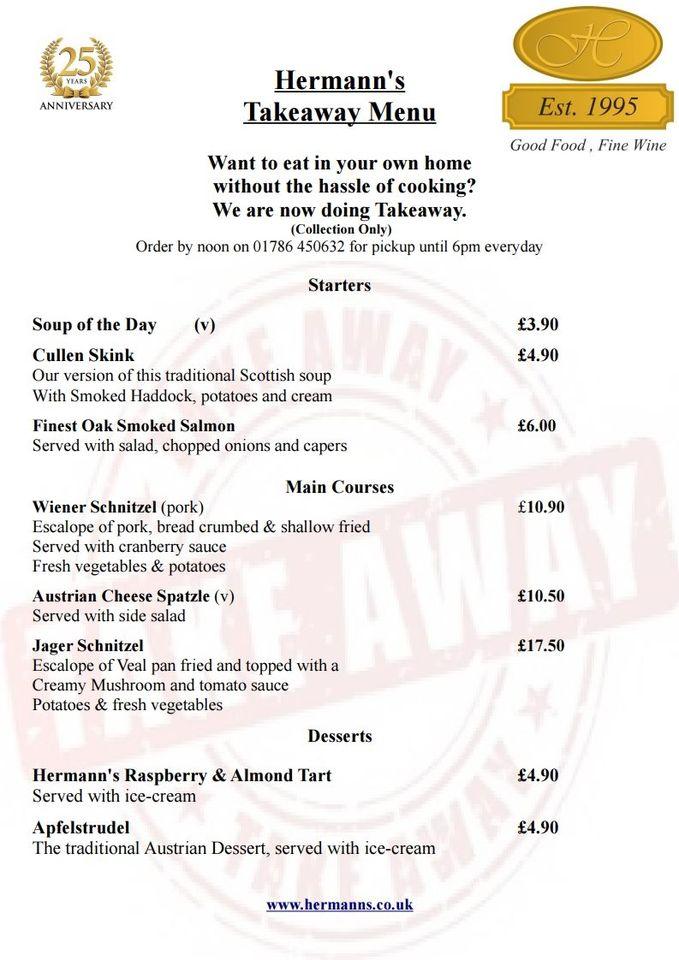 Menu at Hermanns restaurant, Stirling