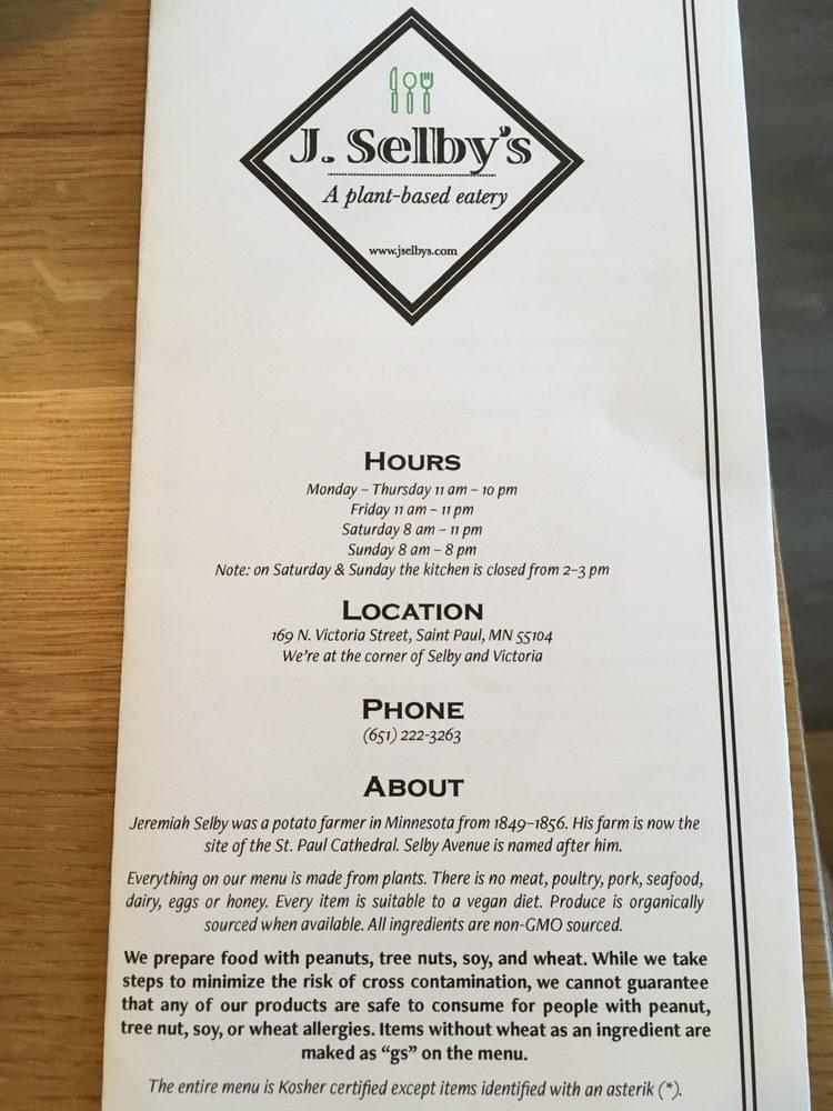 Menu at J. Selby's restaurant, Saint Paul