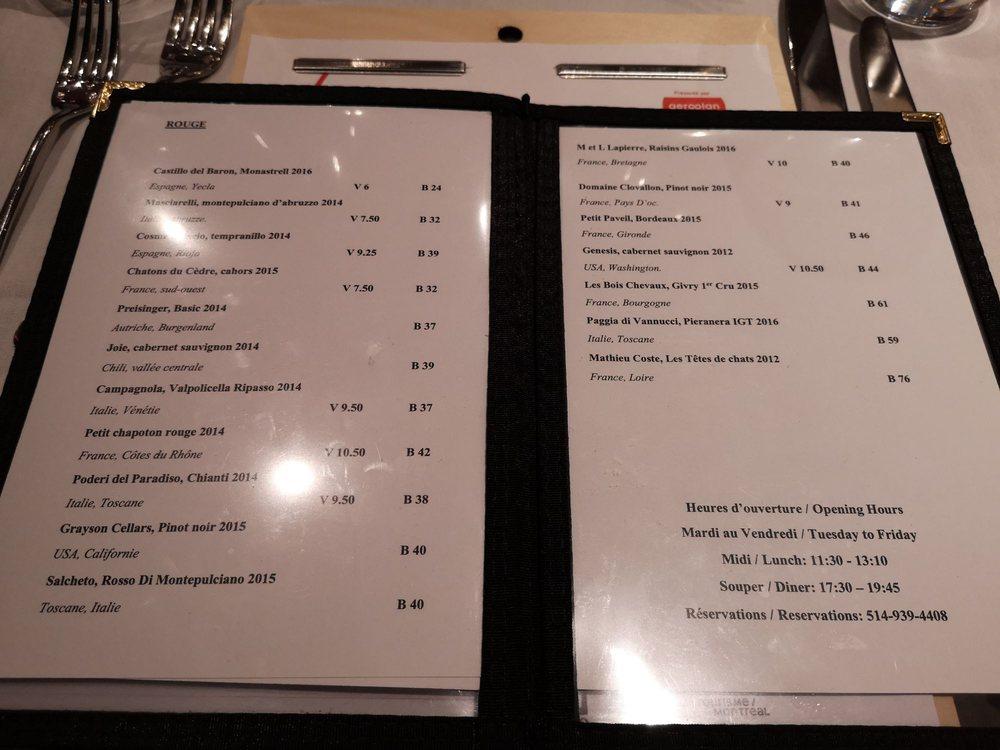 Menu at La Classe restaurant, Montréal