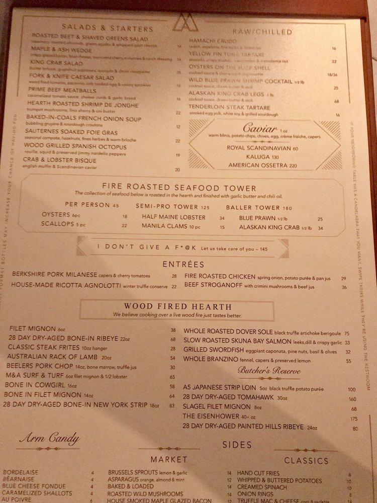 Menu at Maple & Ash steakhouse, Chicago