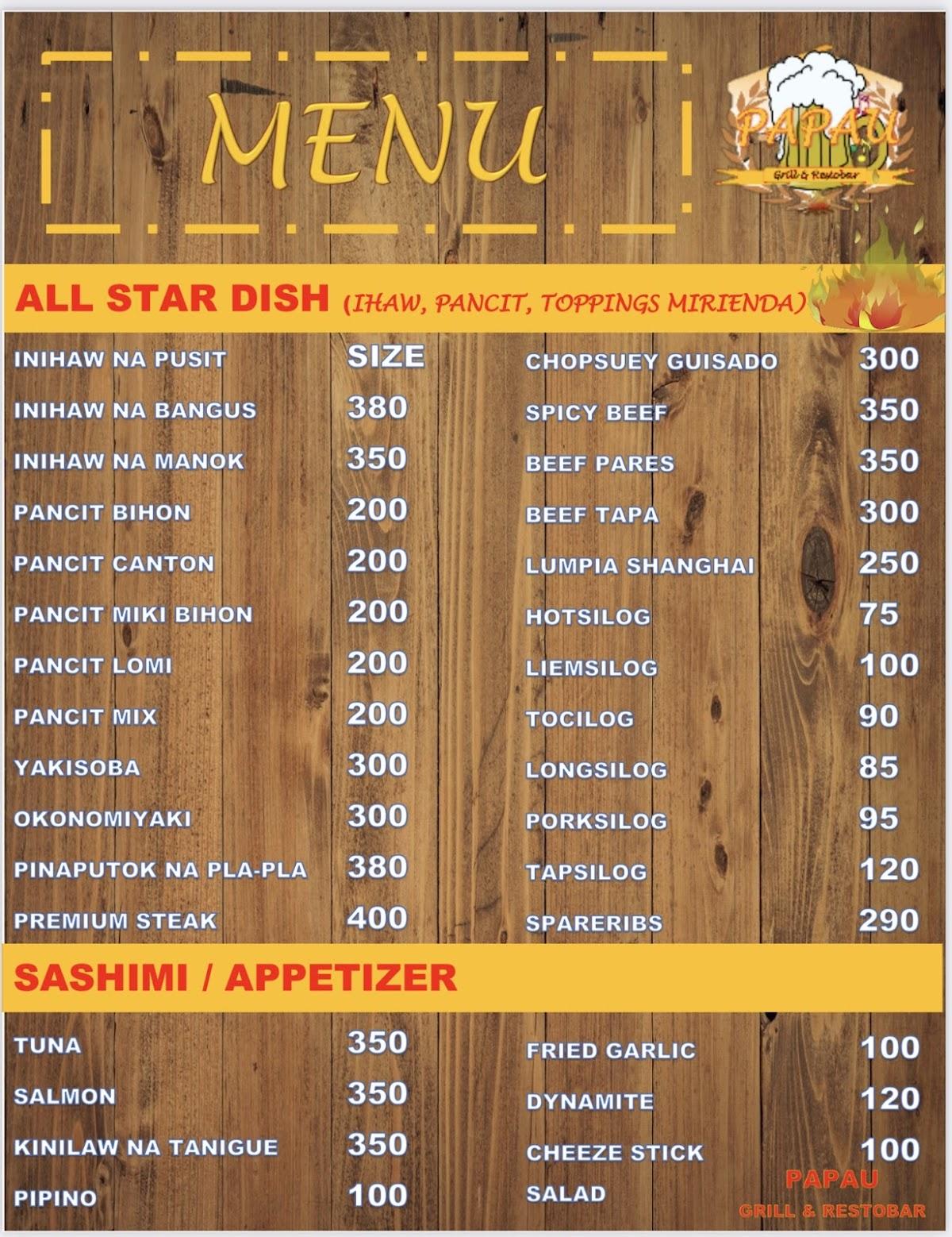 Menu at Papa u grill & restobar, Meycauayan