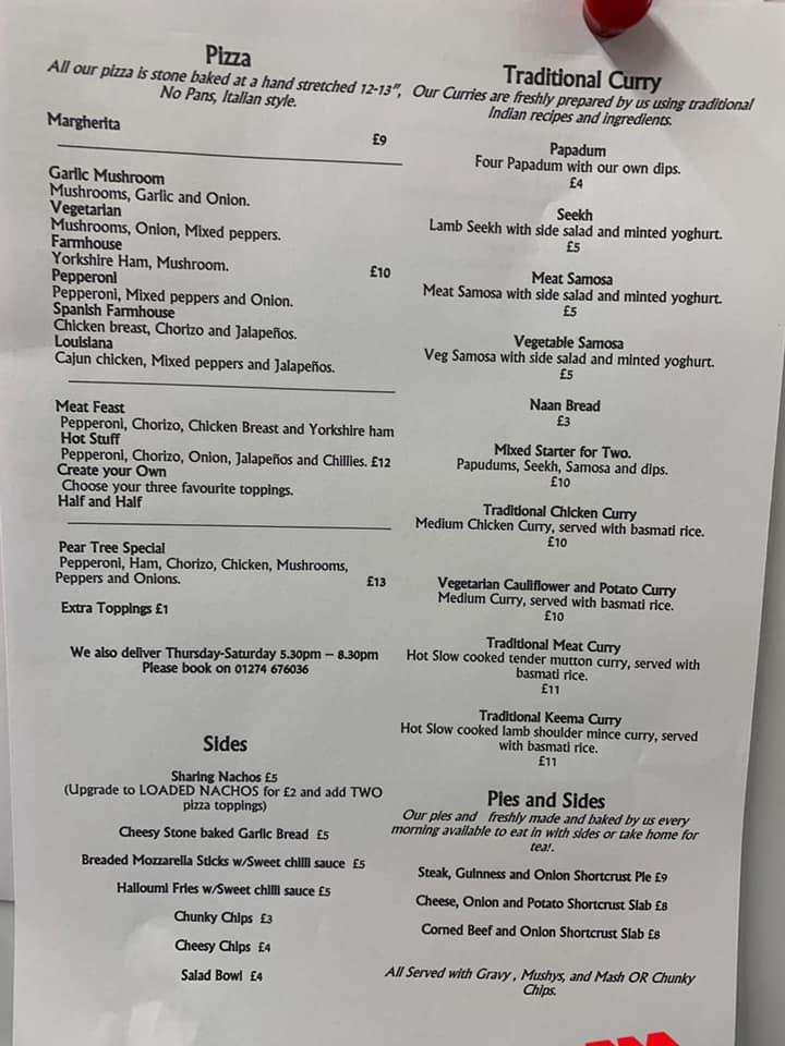 Menu at Pear Tree pub & bar, Halifax