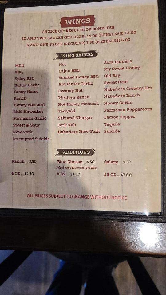 Menu at The Stadium restaurant, Pottsville
