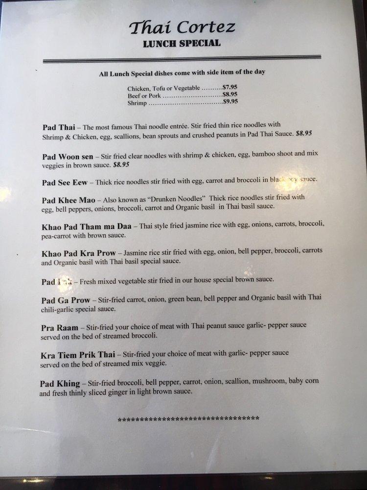 Menu at Thai Cortez restaurant, Cortez