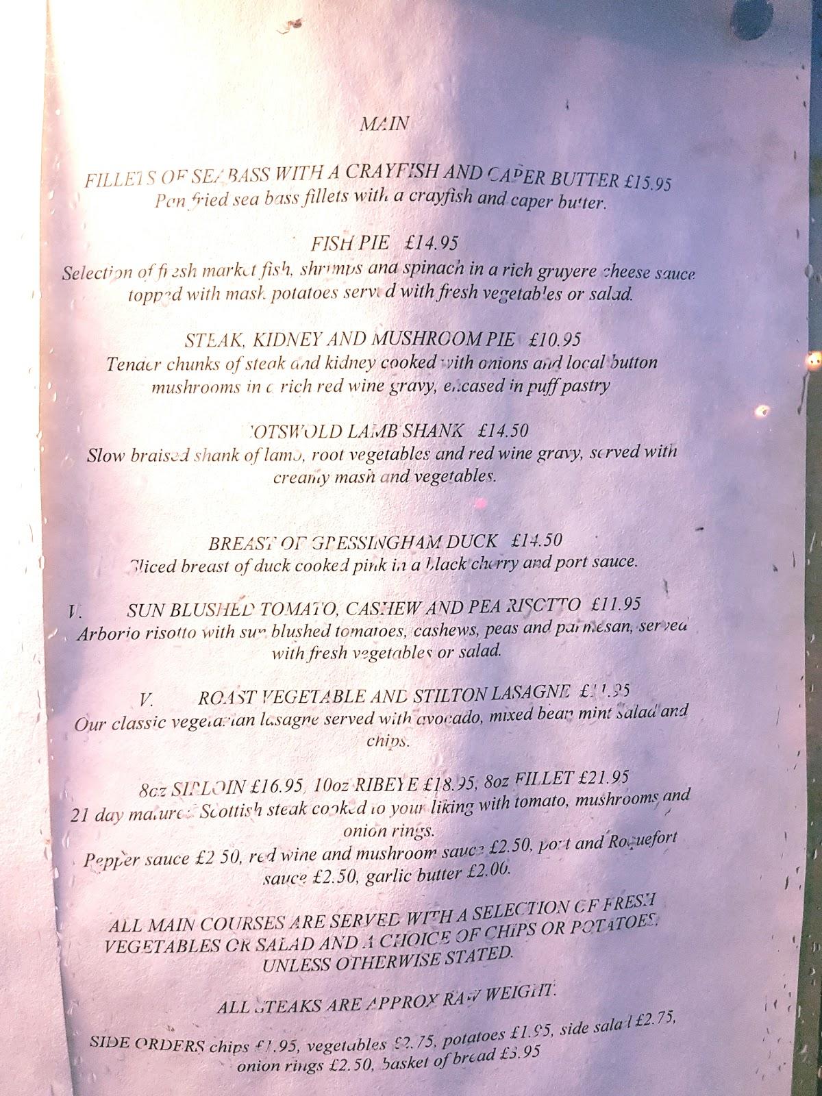 Menu at The Rose Tree Restaurant, Bourton-on-the-Water