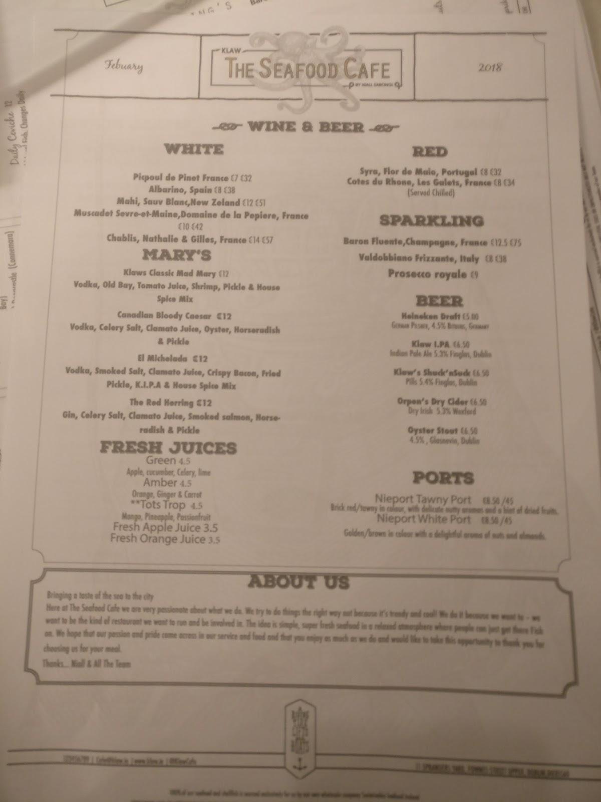 Menu at The Seafood Café by Niall Sabongi restaurant, Dublin