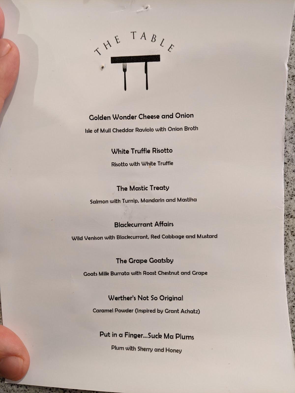 Menu at The Table restaurant, Edinburgh