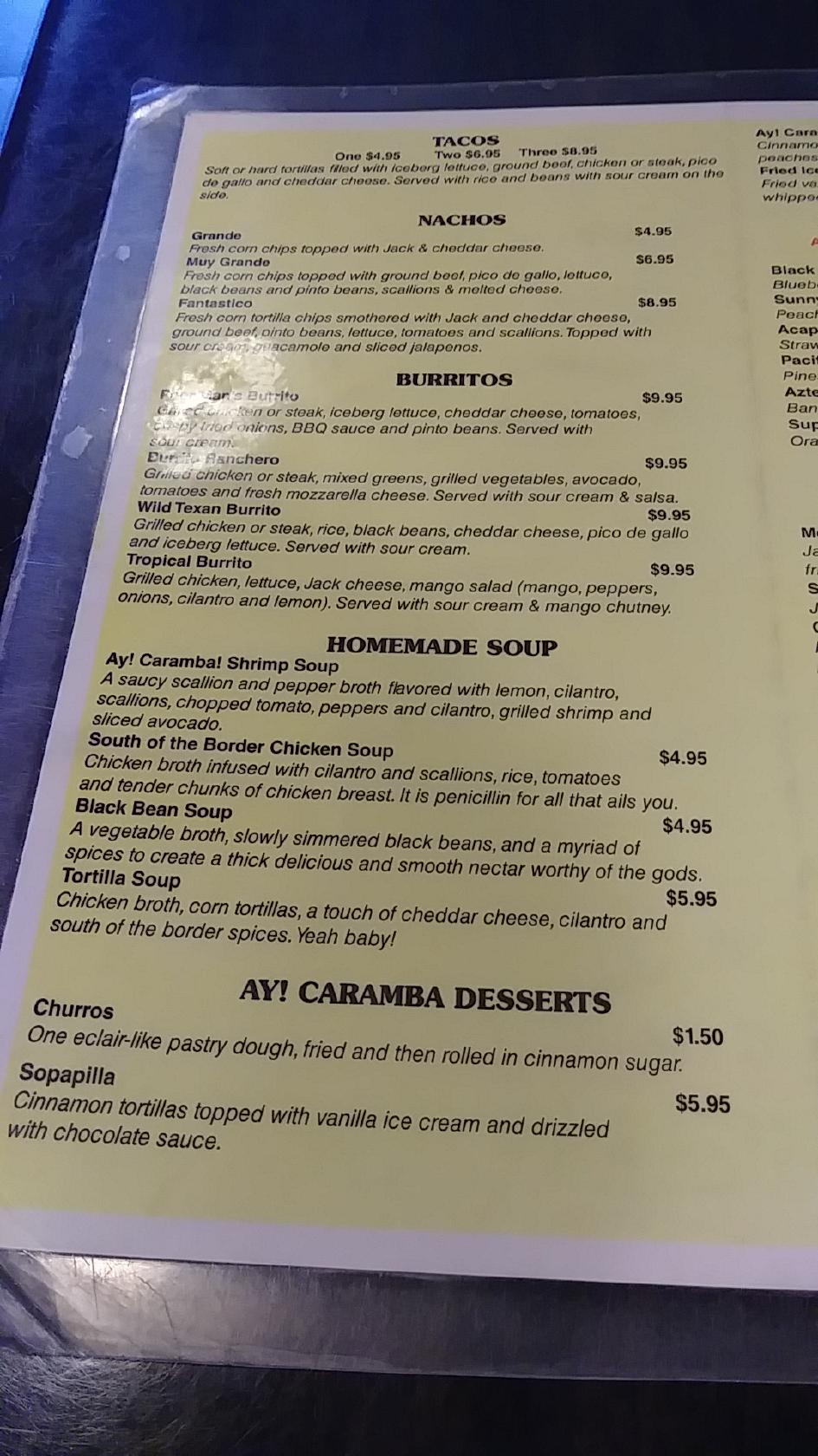 Menu at Ay! Caramba! restaurant, Island Park