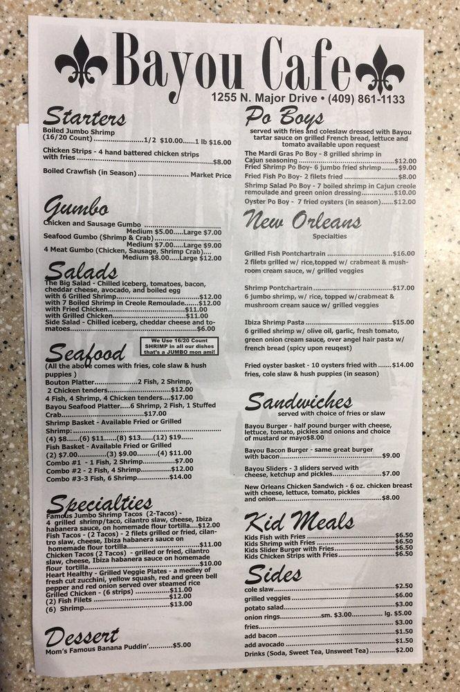 Menu at Bayou Cafe, Beaumont, N Major Dr