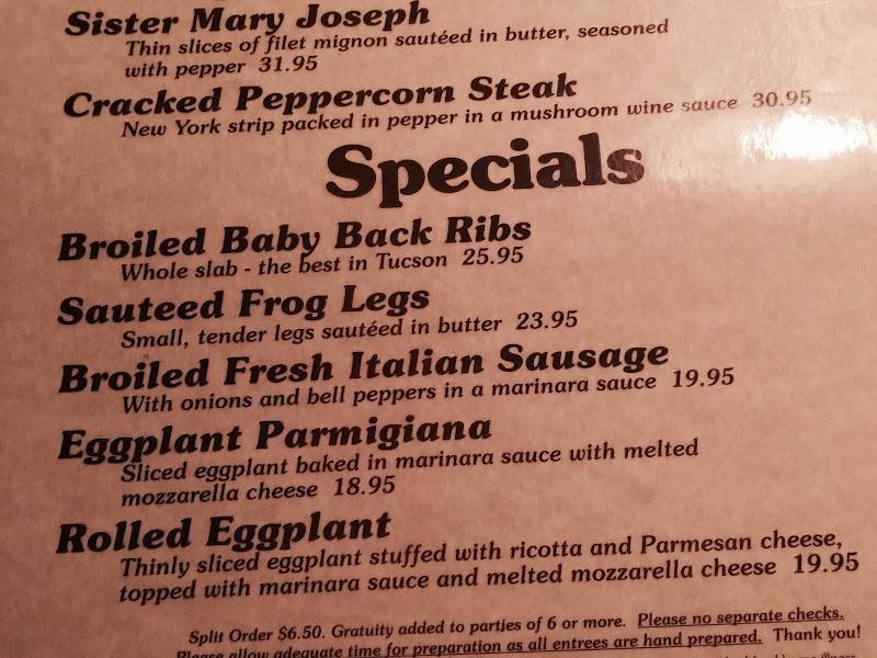 Menu at Bazil's restaurant, Tucson, E Sunrise Dr