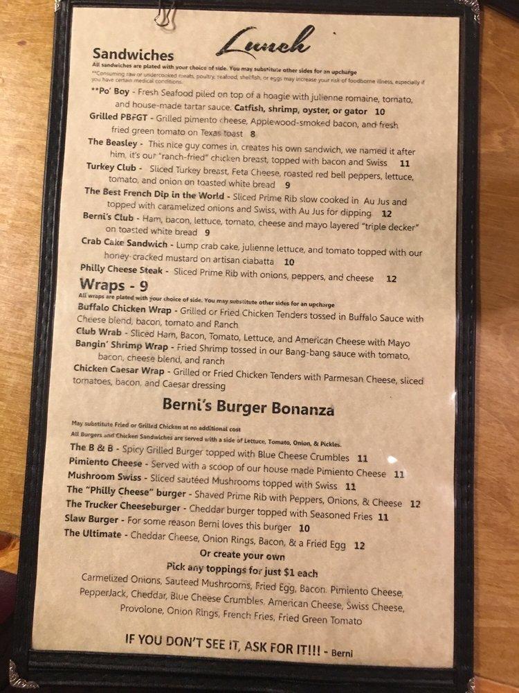 Menu at Berni's on West Main steakhouse, Swainsboro, 114 W Main St