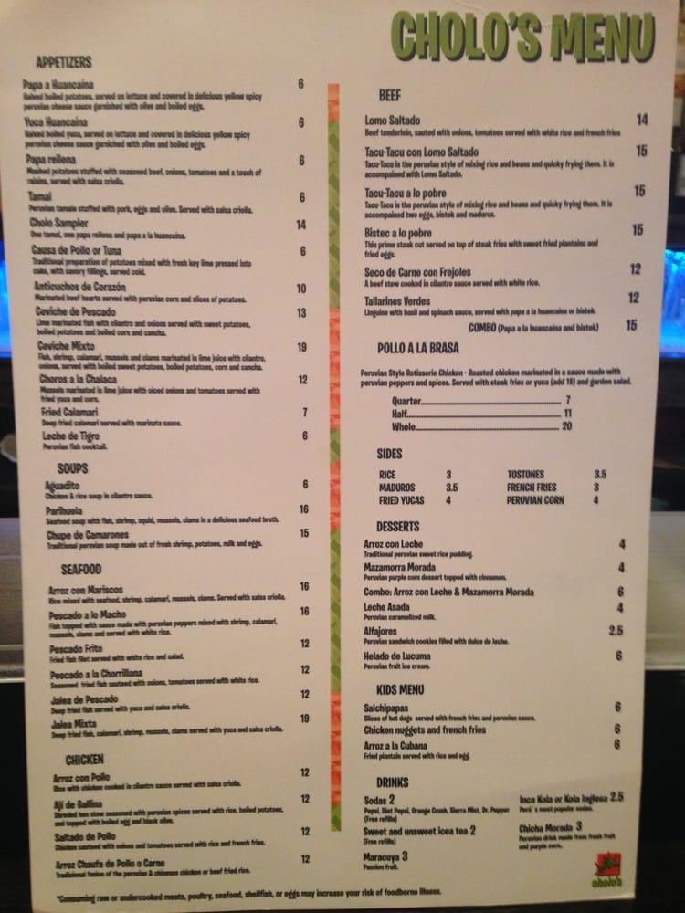 Menu at Cholo's Peruvian Restaurant, Virginia Beach