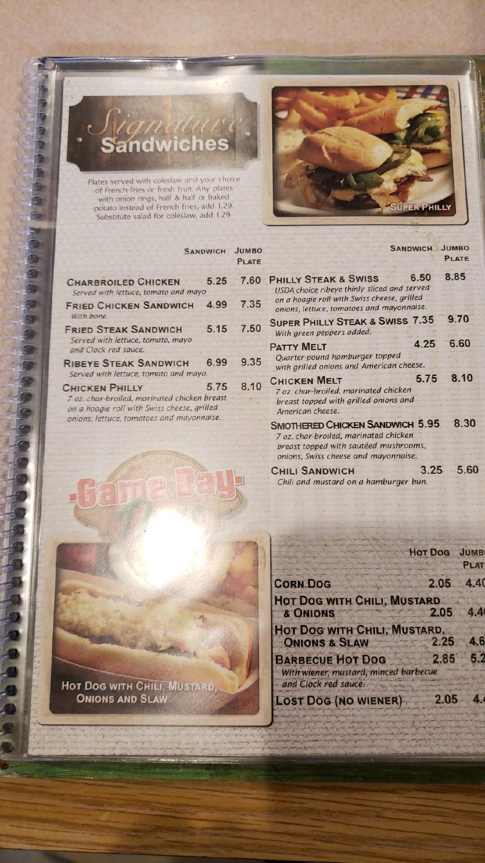 Menu at Clock Restaurant, Greer