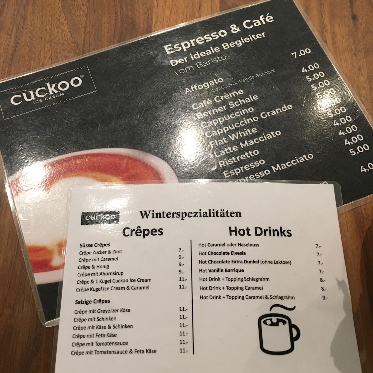 Menu da Cuckoo Ice Cream Bern, Berna