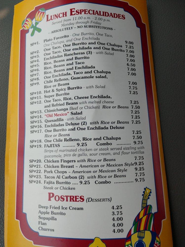Menu at El Mexicano restaurant, New Iberia