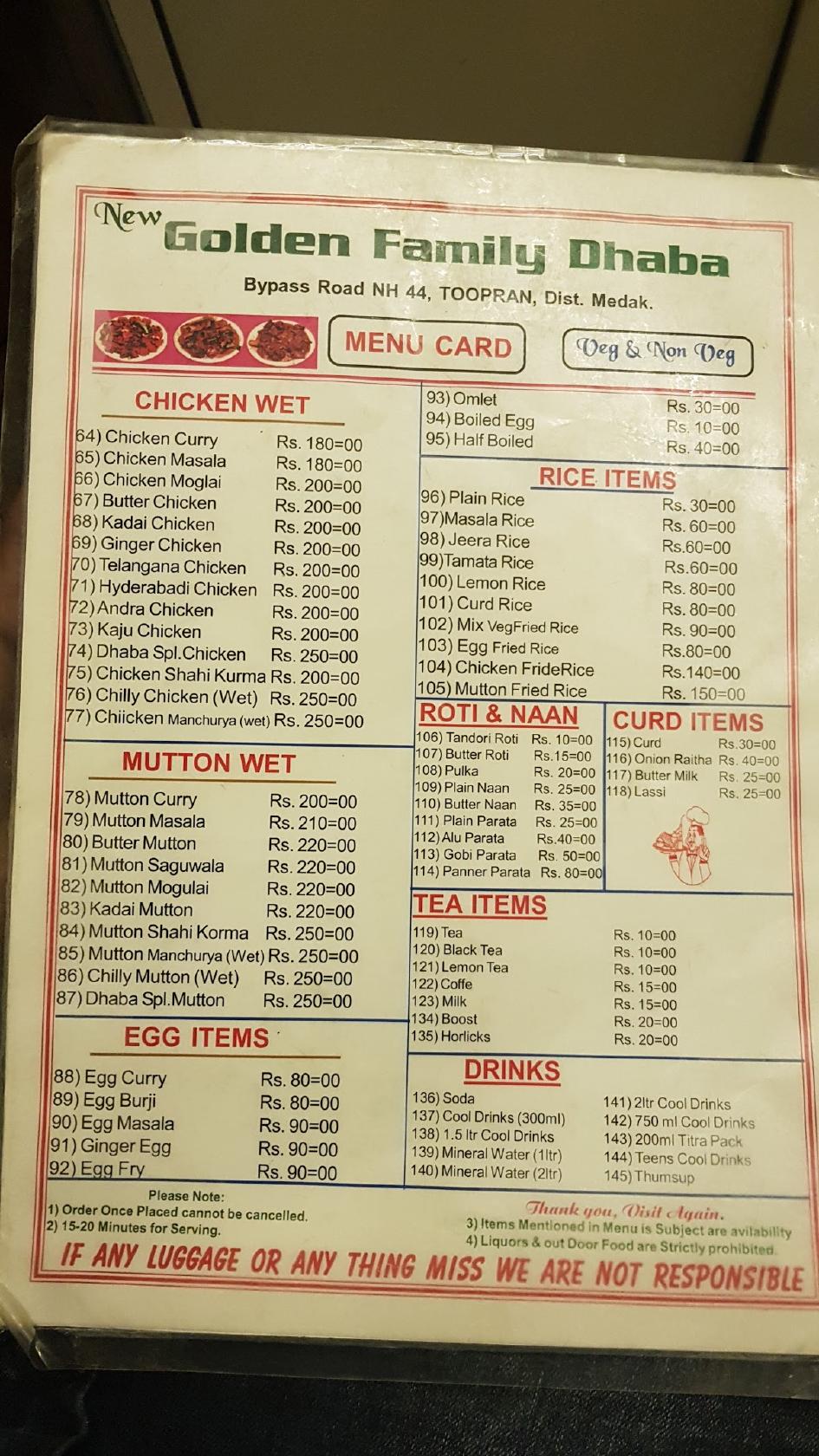 Menu at Golden Family Restaurant, Masaipet