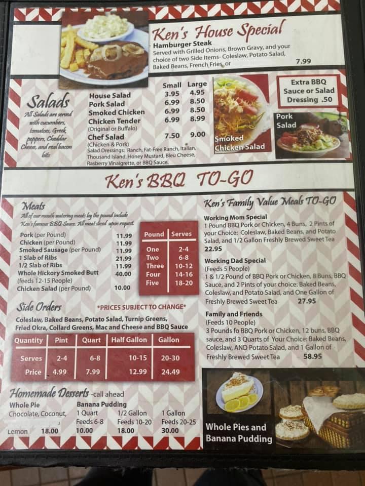 Menu at Ken's Hickory Pit Barbecue, Birmingham, Pinson Valley Pkwy