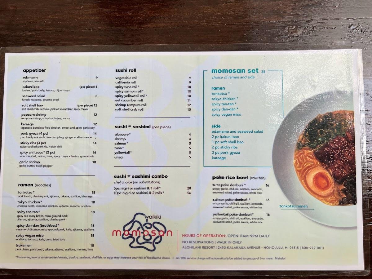 Menu at Momosan Waikiki restaurant, Honolulu