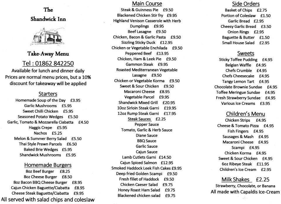 Menu at Shandwick Inn pub & bar, England