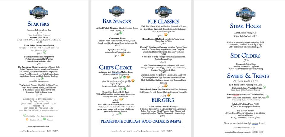 Menu at The Wilsons Arms pub & bar, Torver