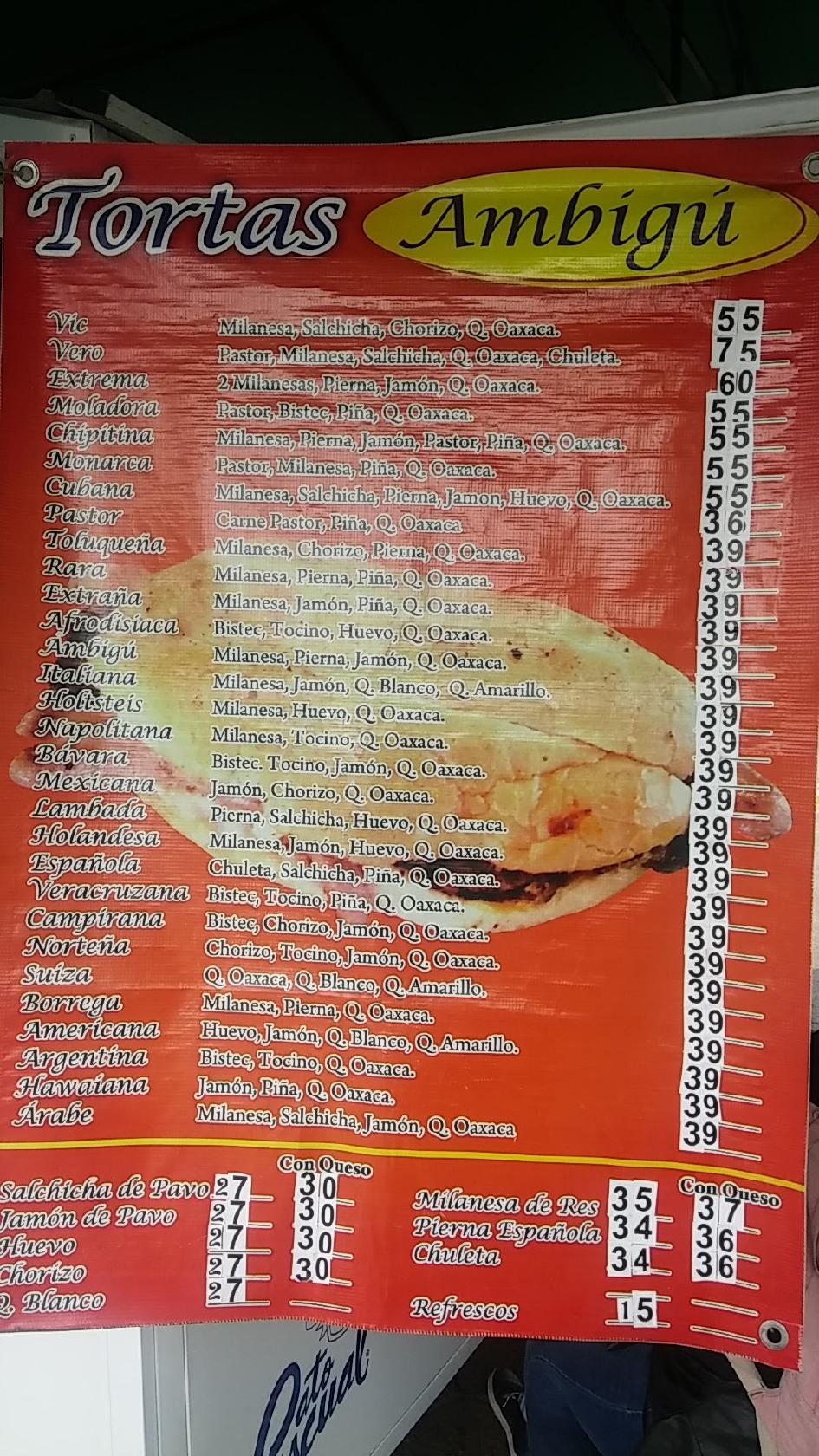 Menu at Tortas Ambigú restaurant, Mexico City, Prol. Canal de Miramontes