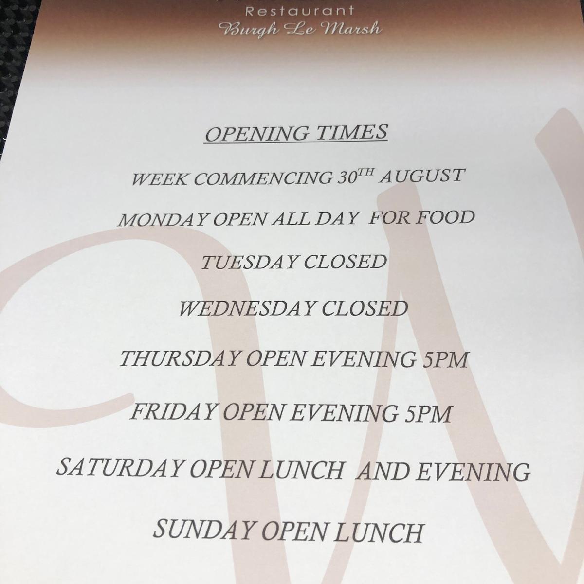 Menu at Windmill Restaurant, Burgh le Marsh