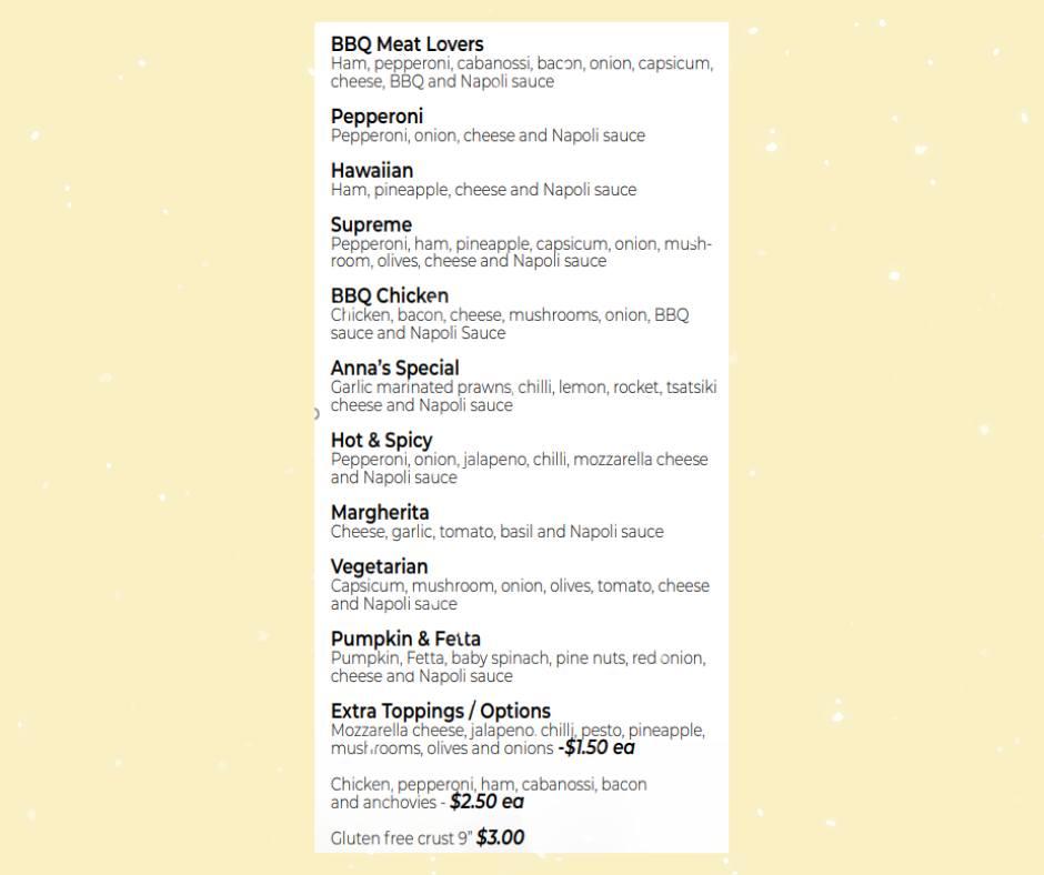 Menu at Anna's Restaurant, Tennant Creek