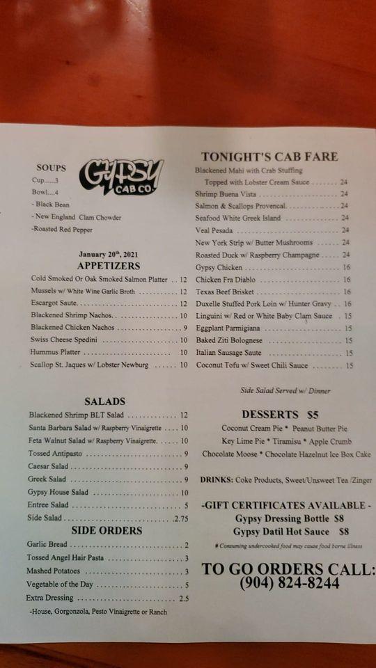 Menu at Gypsy Cab Company Restaurant, St. Augustine