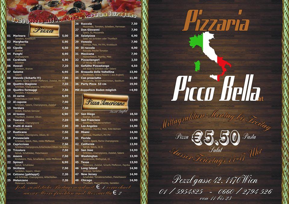 Menu at Picco Bella restaurant, Vienna