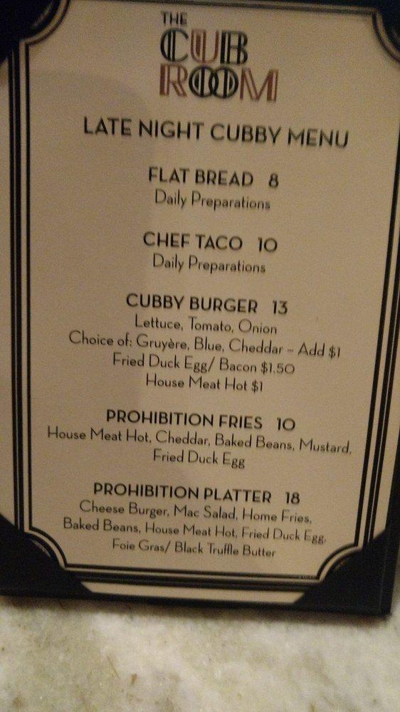 Menu at The Cub Room restaurant, Rochester