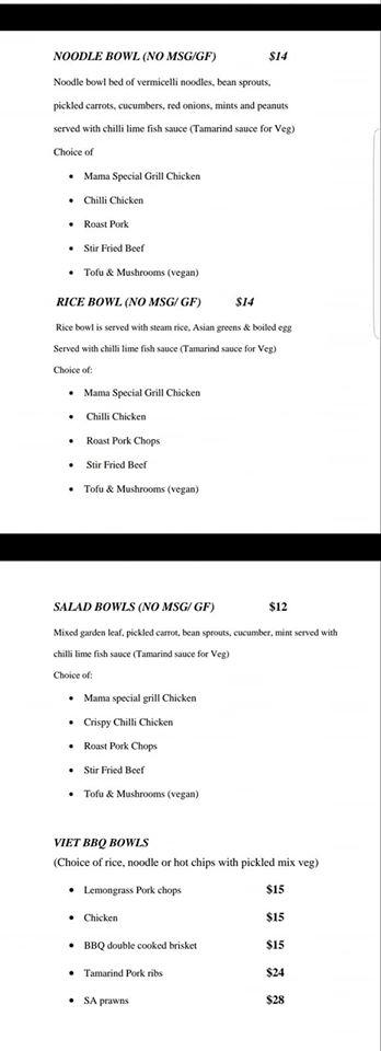 Carta del restaurante Miss Viet Kitchen, Port Adelaide