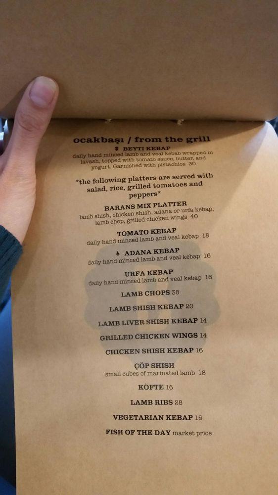 Menu at Barans Turkish Cuisine & BBQ, Toronto