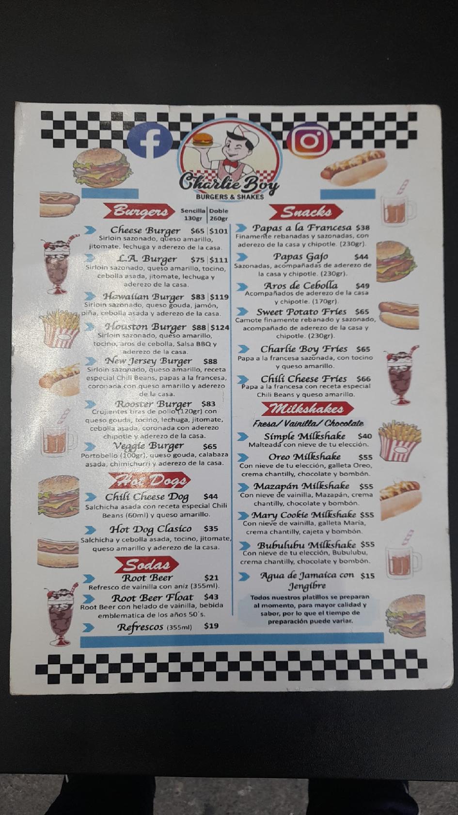 Carta del restaurante Charlie Boy Burgers & Shakes, Zapopan