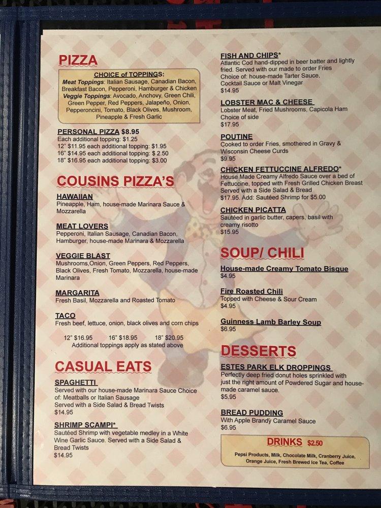 Menu at Cousin Pat's Pub & Grill, Estes Park
