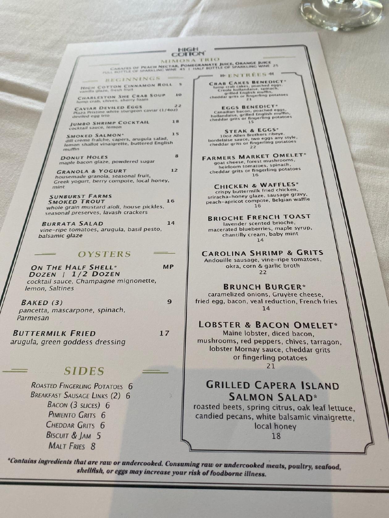 Menu at High Cotton Charleston Restaurant, Charleston