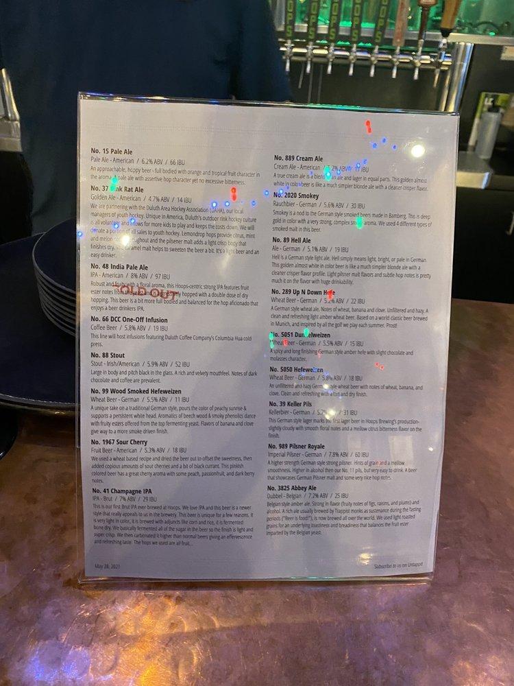 Menu at Hoops Brewing pub & bar, Duluth