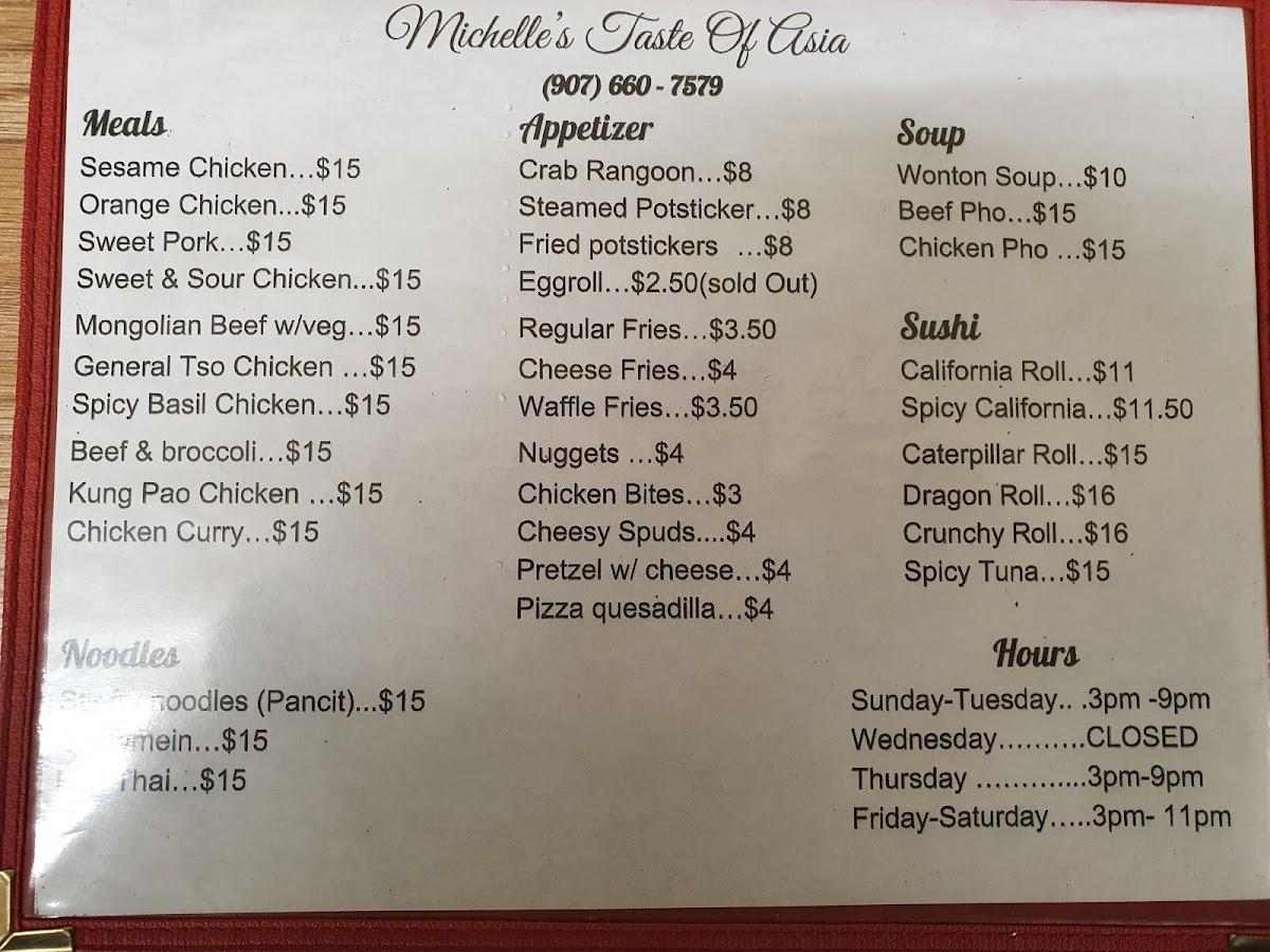 Menu at Michelle's Taste of Asia restaurant, Wrangell