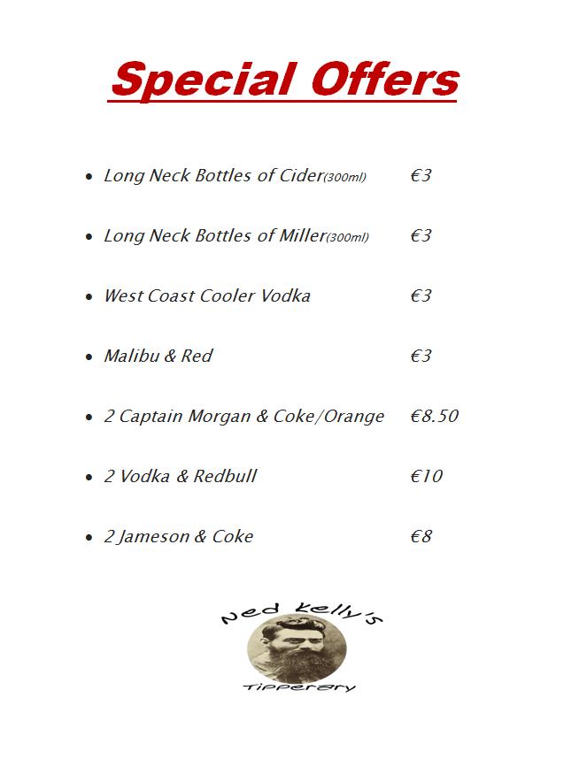 Menu at Ned Kelly Tipperary pub & bar, Ireland