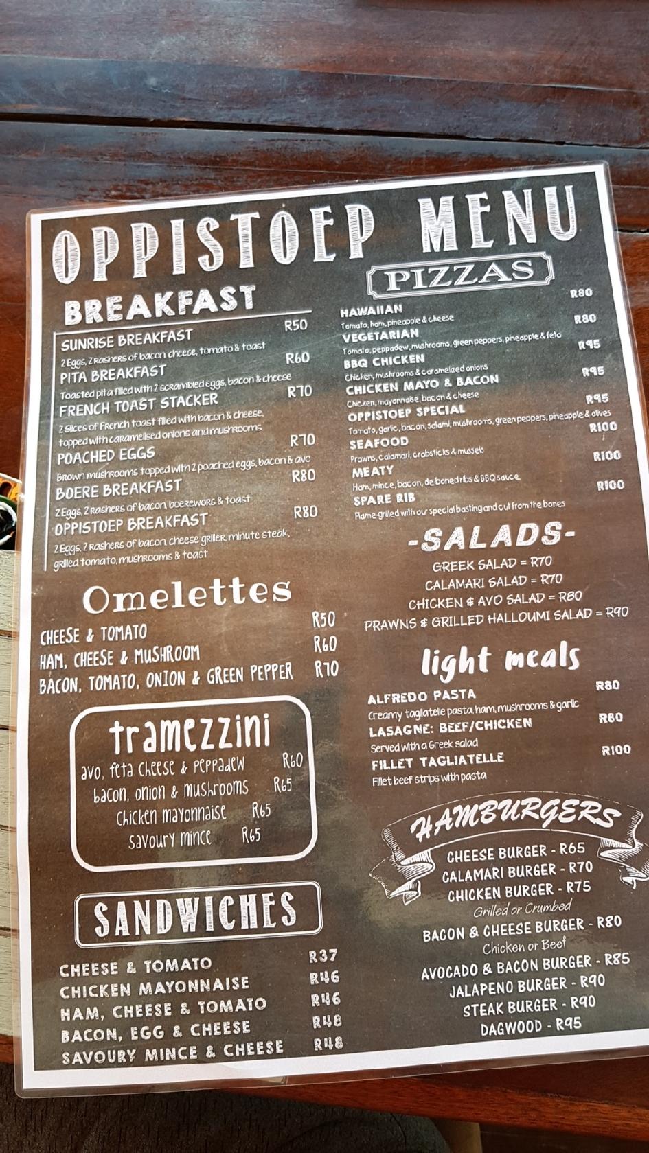 Menu at Oppi Stoep restaurant, Marquard