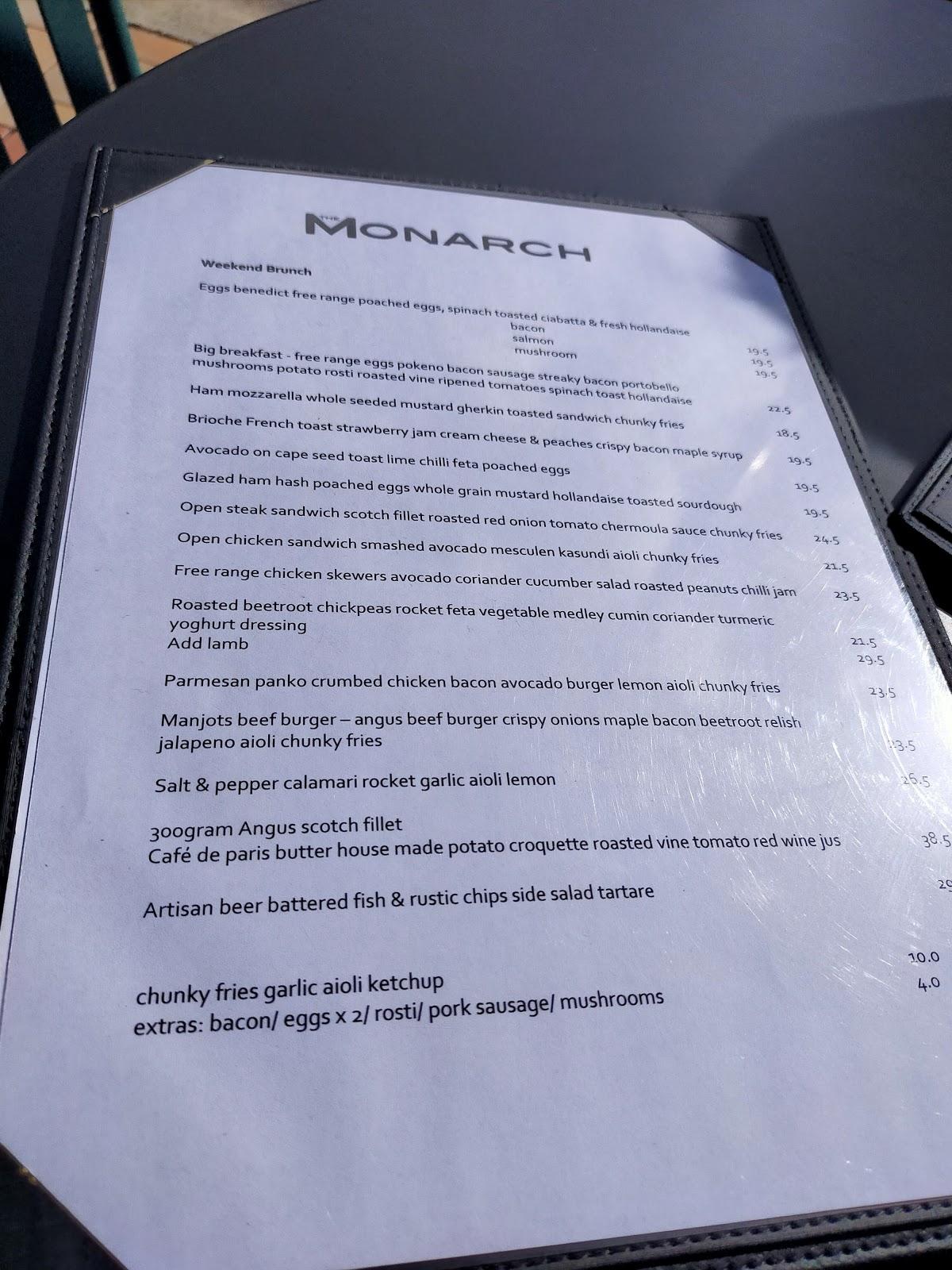 Menu at The Monarch cafe, Pukekohe