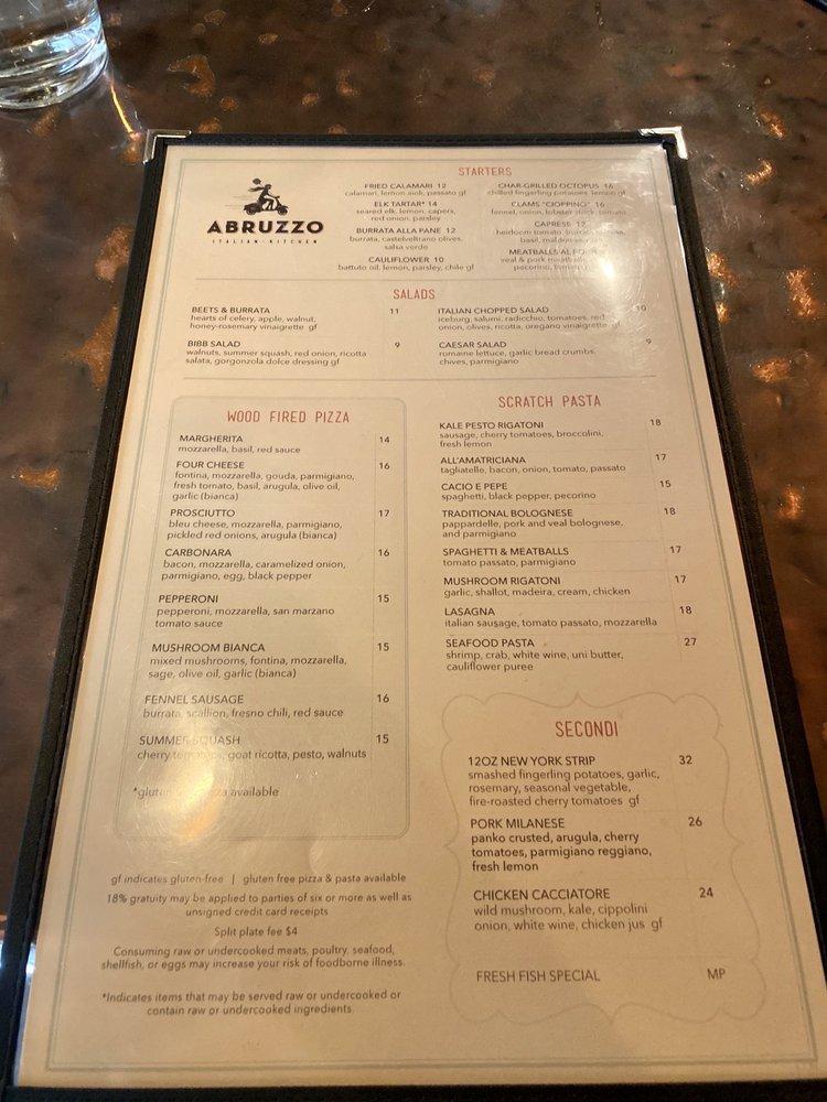 Menu at Abruzzo Italian Kitchen restaurant, Whitefish