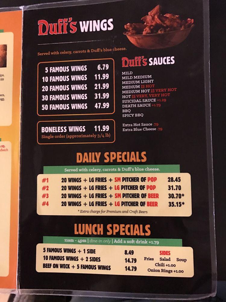 Menu at Duff's Famous Wings pub & bar, Amherst, Sheridan Dr