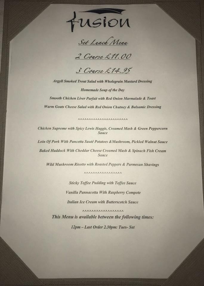 Menu at Fusion restaurant, Gourock, 2 Hopeton St