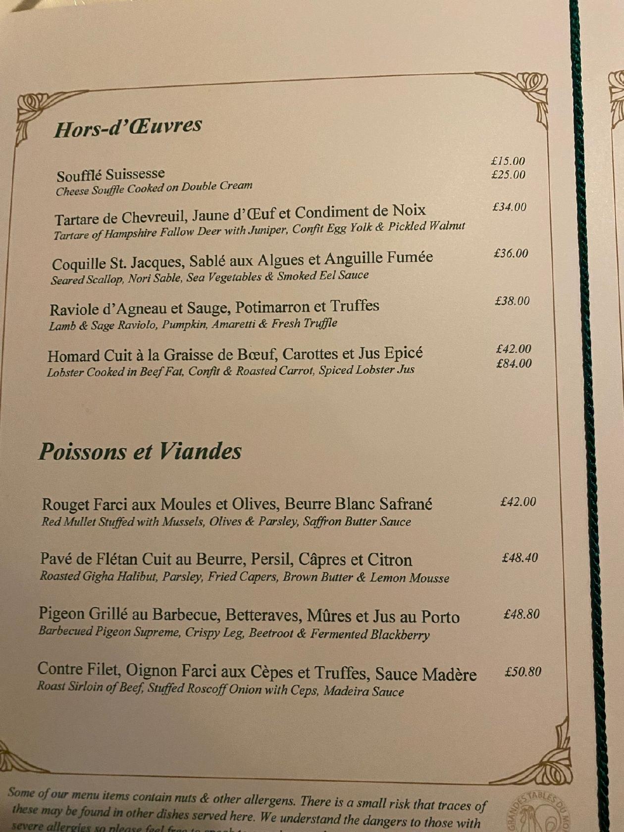 Menu at Le Gavroche restaurant, London