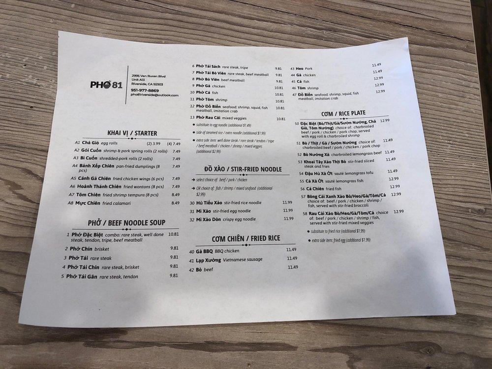 Menu at Pho 81 Vietnamese Cuisine restaurant, Riverside