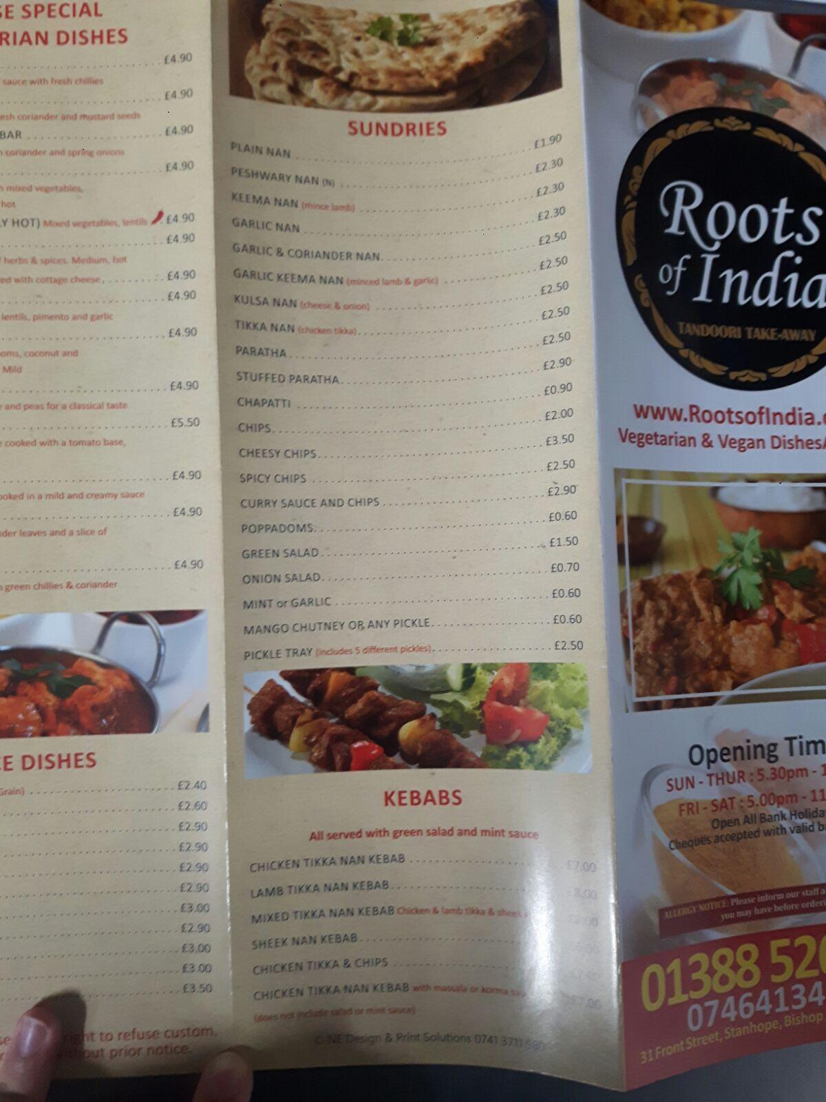 Menu at Roots of India fast food, Stanhope