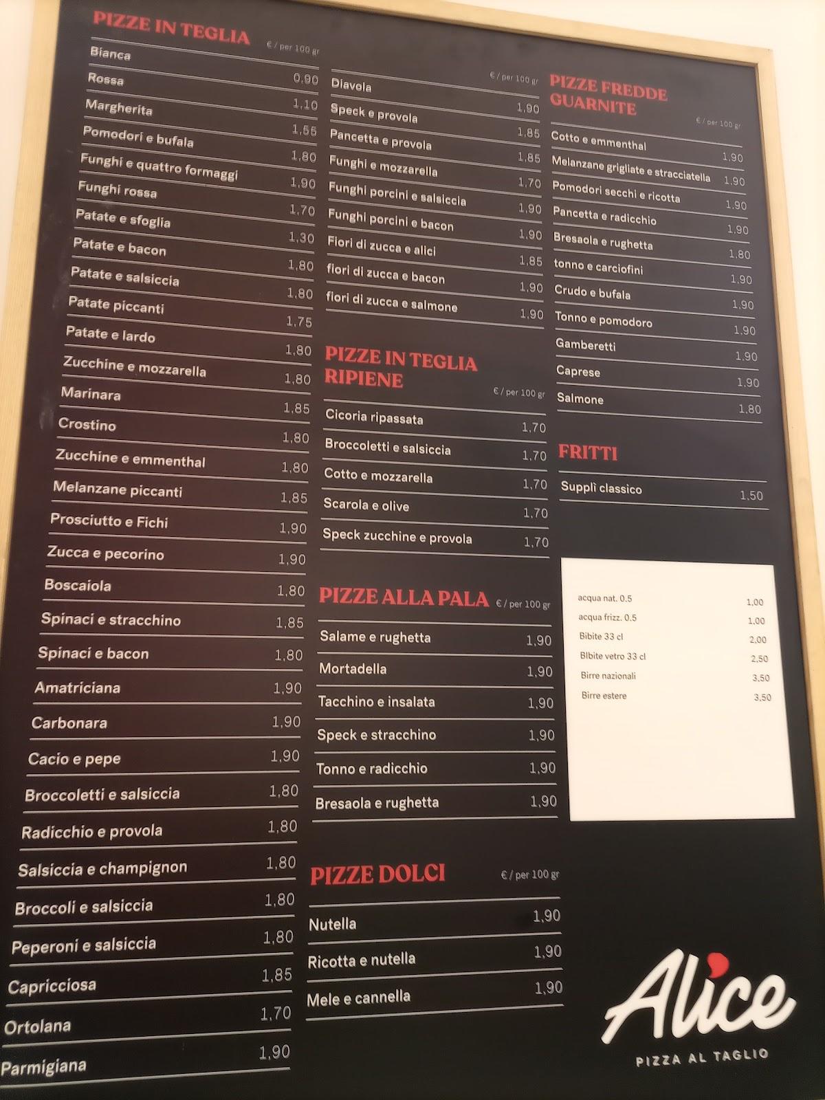 Menu at Alice Pizza pizzeria, Rome, Corso Vittorio Emanuele II