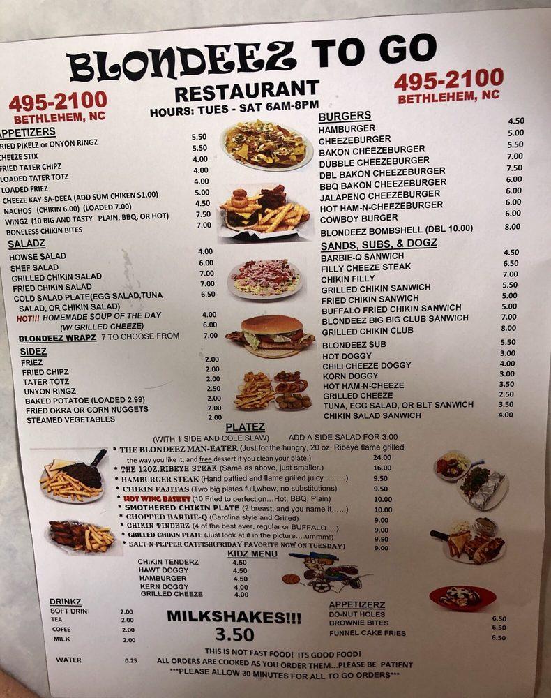 Menu at Blondeez Restaurant, Bethlehem, NC-127