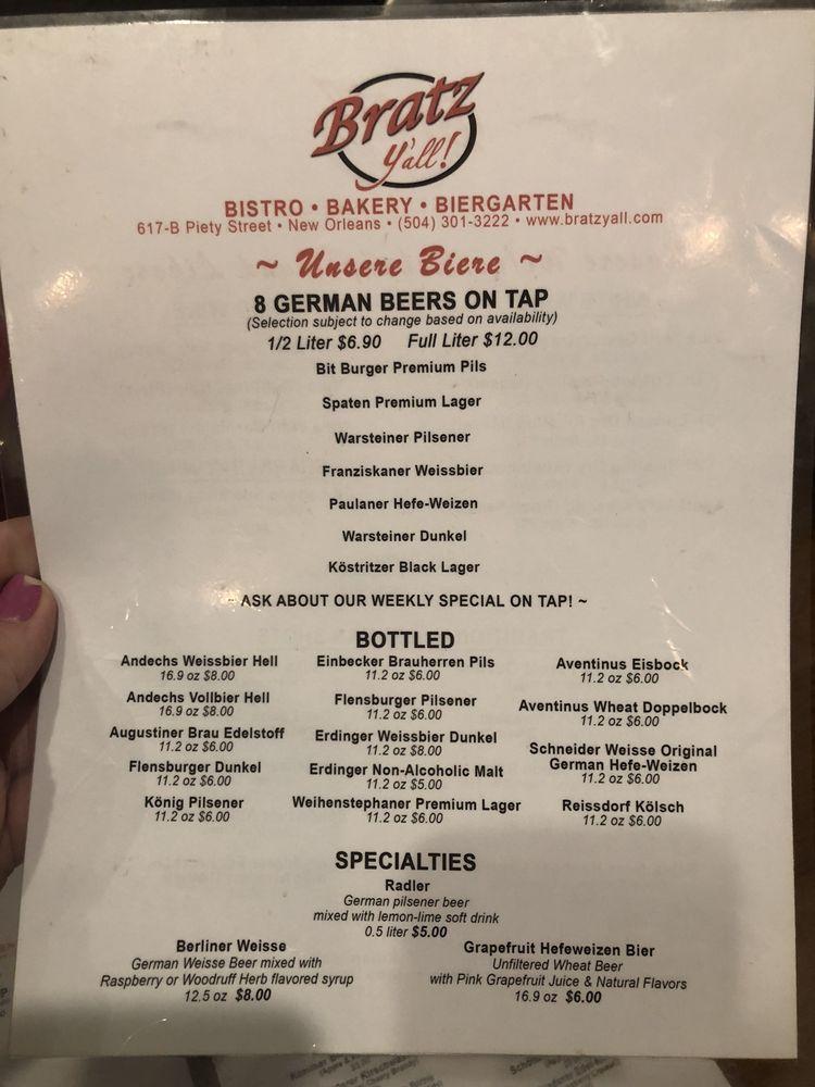 Carta de Bratz Y'all! Bistro • Bakery • Biergarten, Nueva Orleans